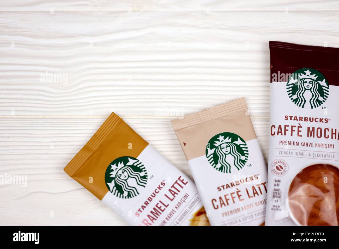 KHARKOV, UKRAINE - JULY 2, 2021: Starbucks coffee sticks with green ...