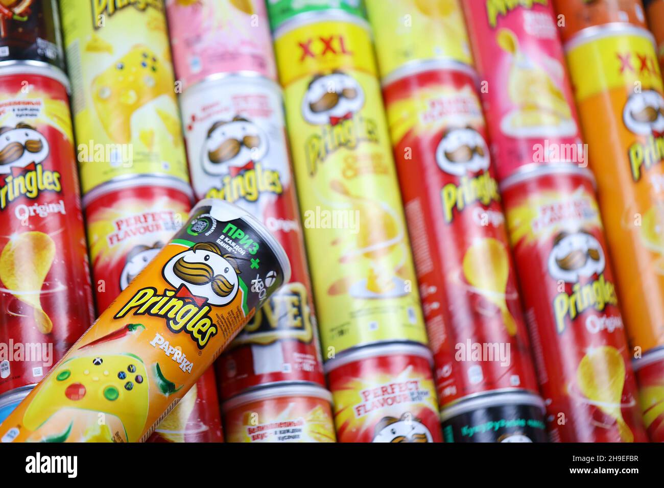 KHARKOV, UKRAINE - MARCH 30, 2021: Many Pringles cylinder chips boxes ...