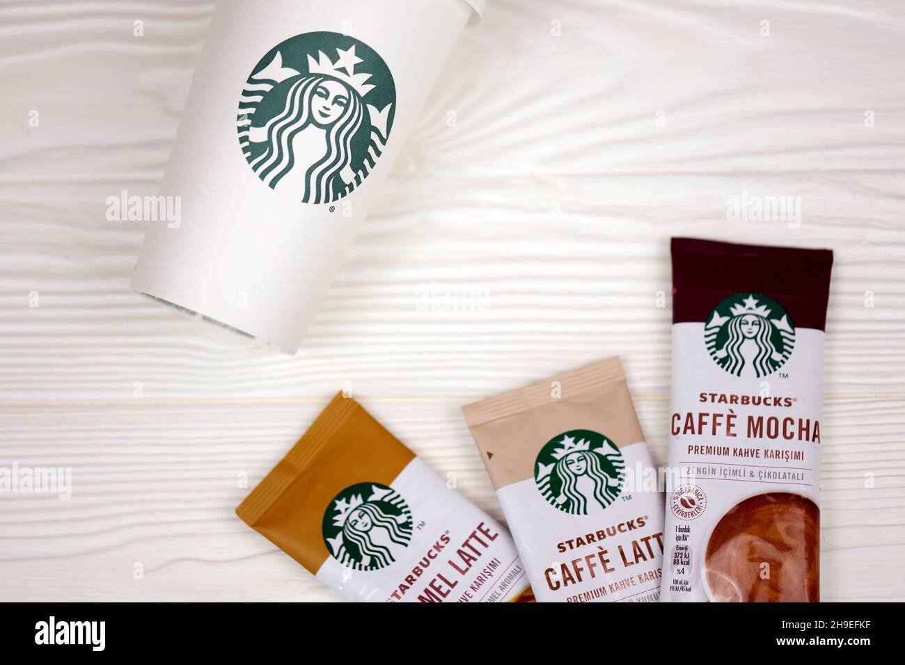 KHARKOV, UKRAINE - JULY 2, 2021: Starbucks coffee sticks with green ...