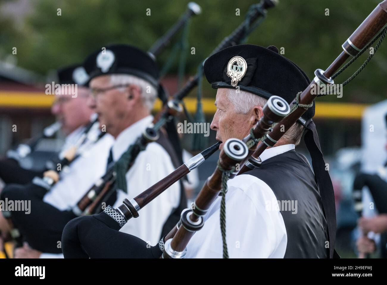 Bagpipers in full regalia play the Great HIghland bagpipes at a ...