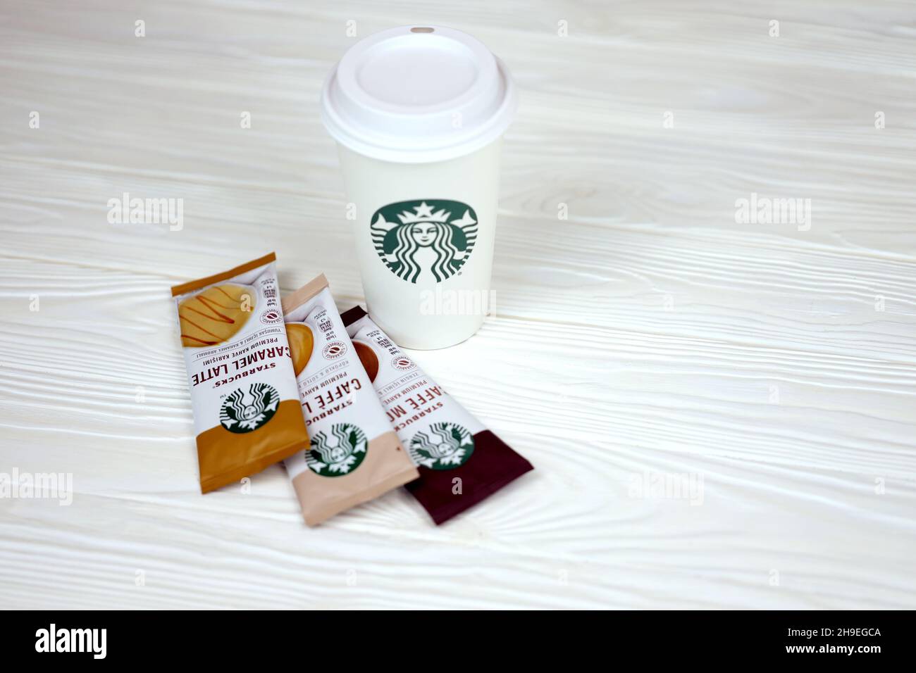KHARKOV, UKRAINE - JULY 2, 2021: Starbucks coffee sticks with green ...