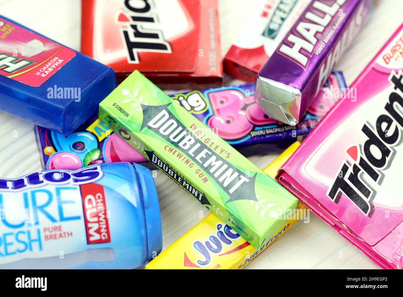 KHARKOV, UKRAINE - JULY 2, 2021: Many chewing gum packs in various ...
