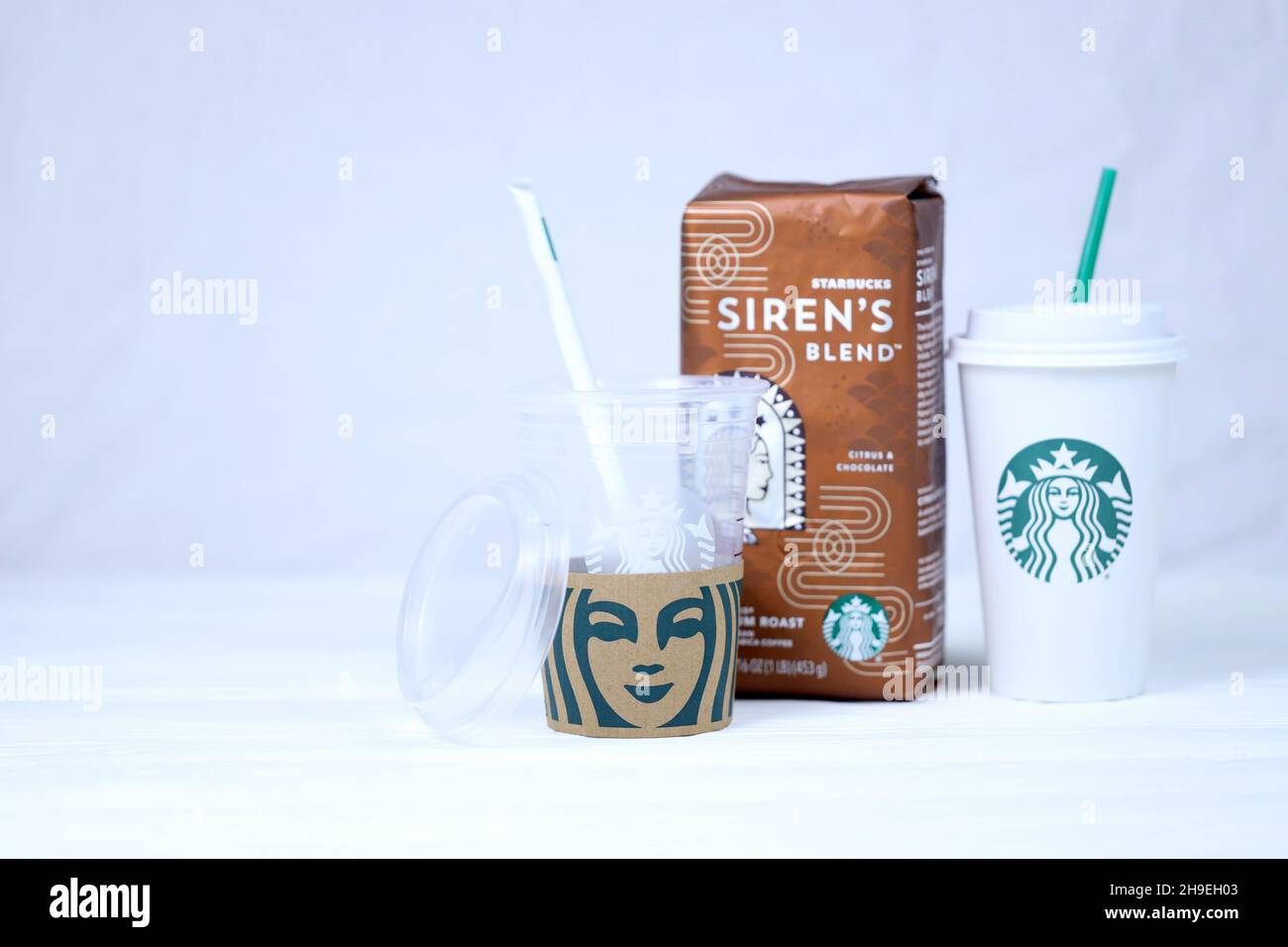 KHARKOV, UKRAINE - MARCH 15, 2021: Starbucks production on white wooden ...