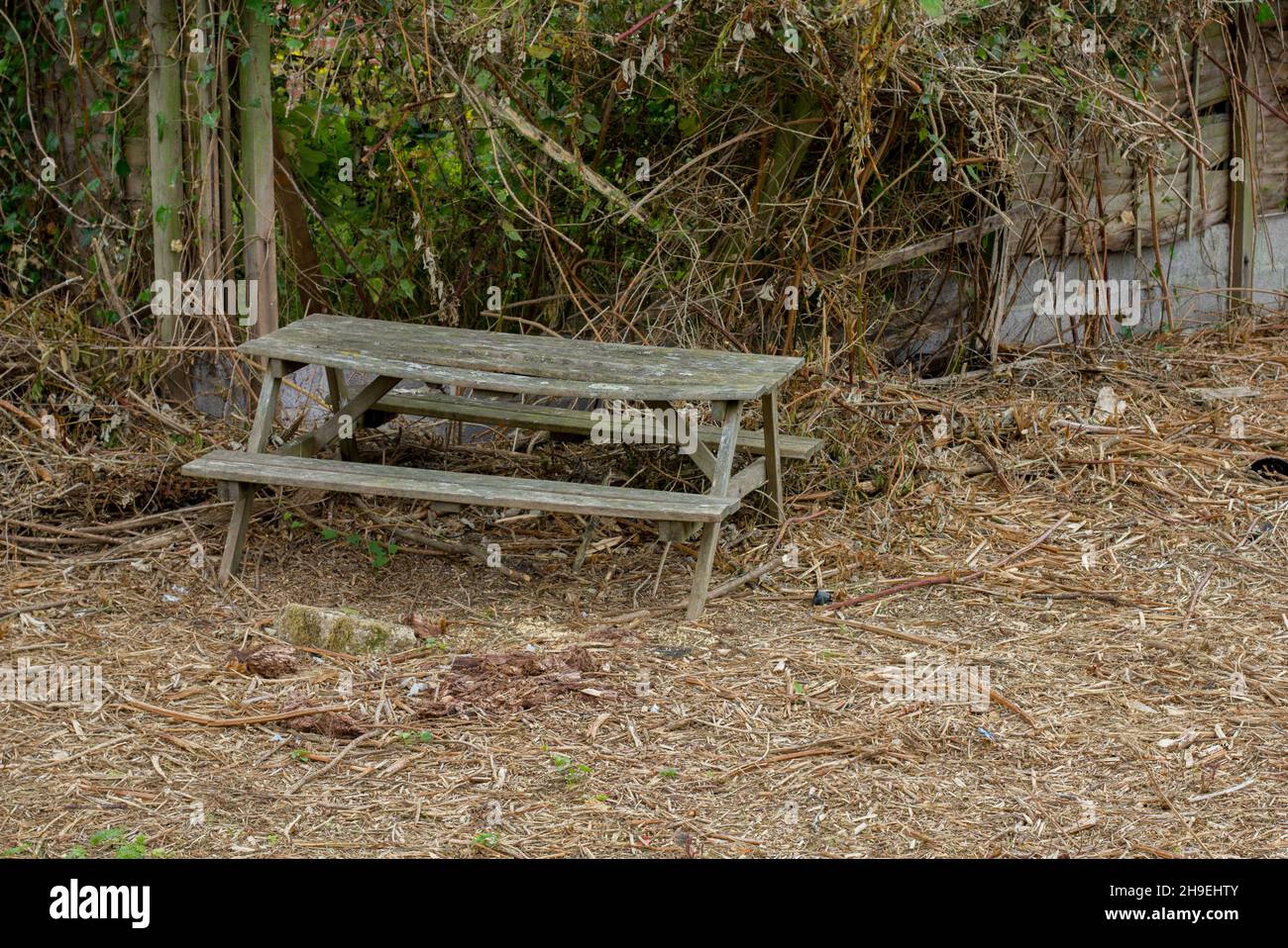 Decrepit and broken down pub garden bench in a closed public house ...