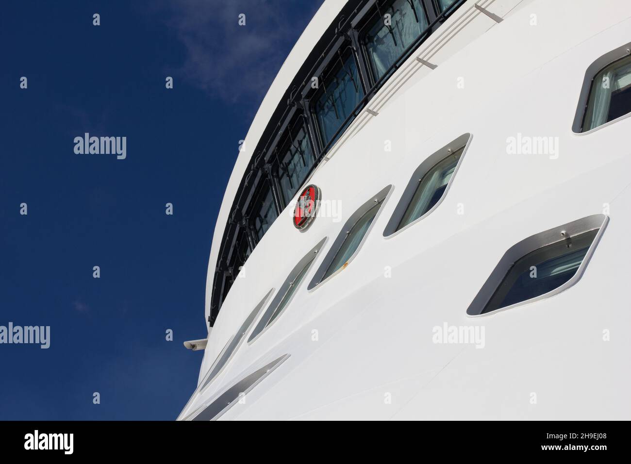 Superstructure and bridge windows of the Cunard cruise liner Queen Mary ...