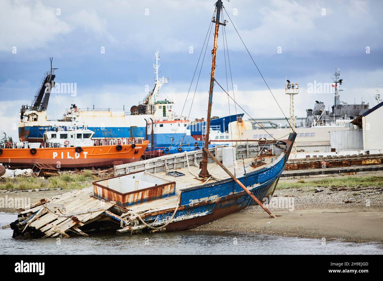 Old rusty boat relic in Punta Arenas - Patagonia Stock Photo - Alamy