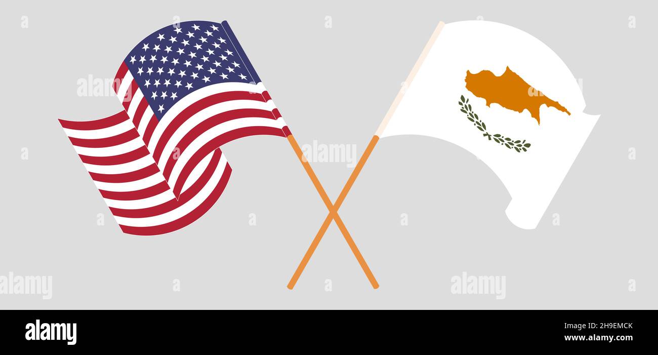 Crossed and waving flags of Cyprus and the USA. Vector illustration ...