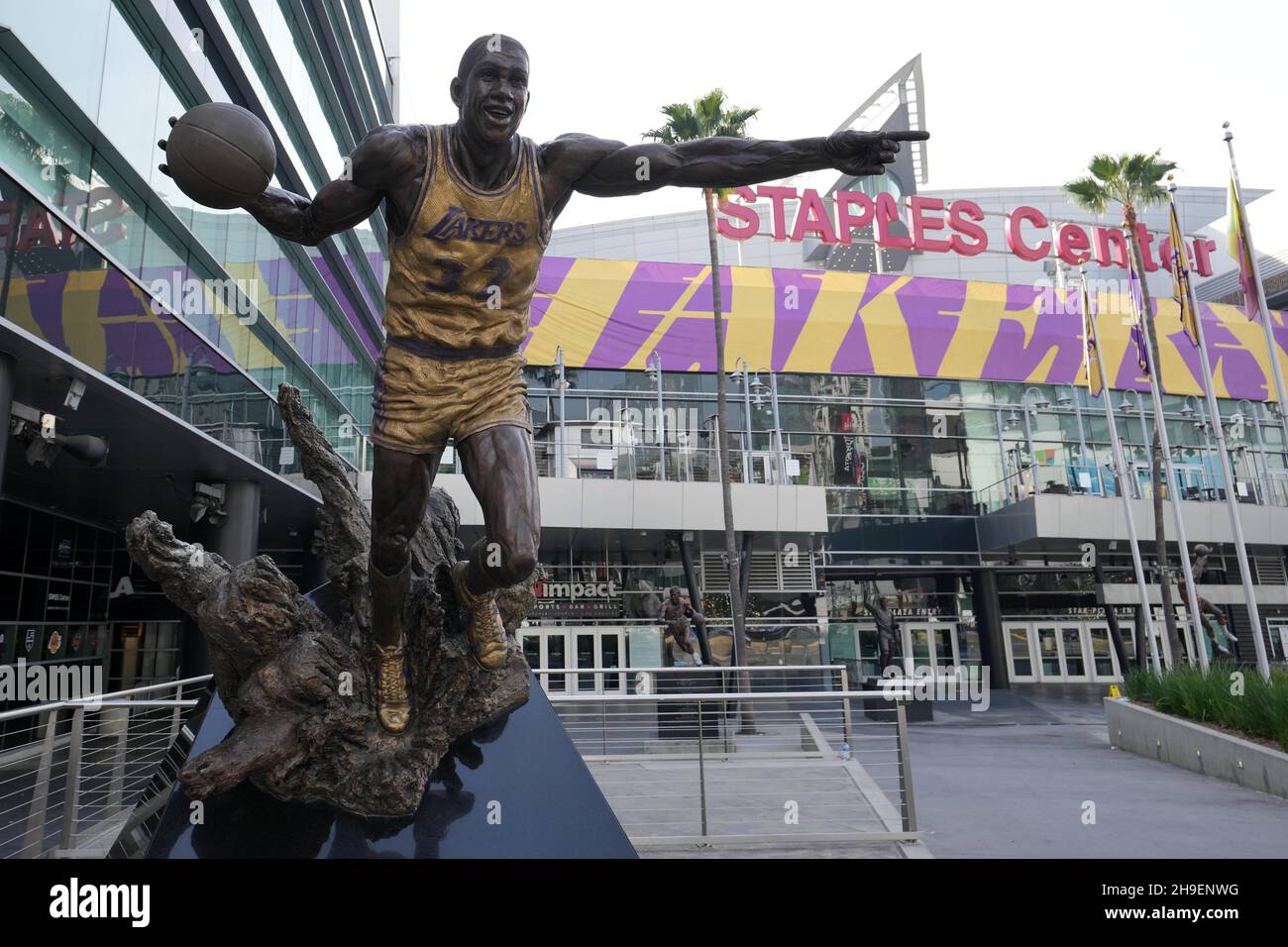 A statue of former Los Angeles Lakers guard Magic Johnson aka Earvin ...