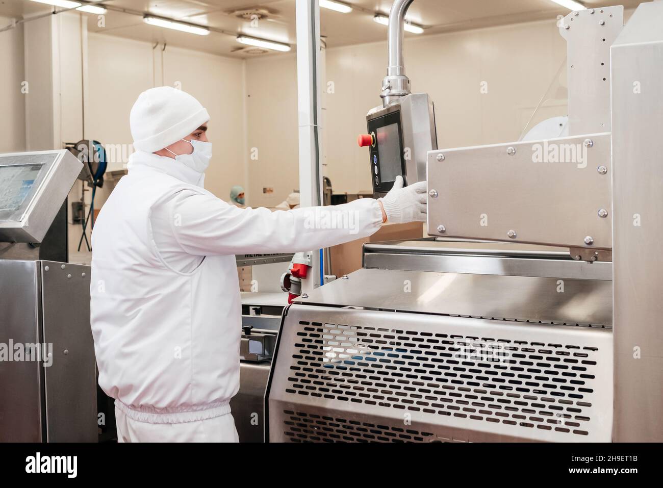 Meat processing plant.Industrial equipment at a meat factory.Modern ...