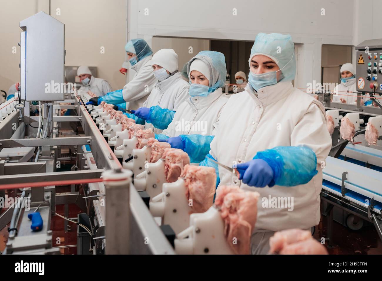 Meat processing plant.Industrial equipment at a meat factory.Modern ...
