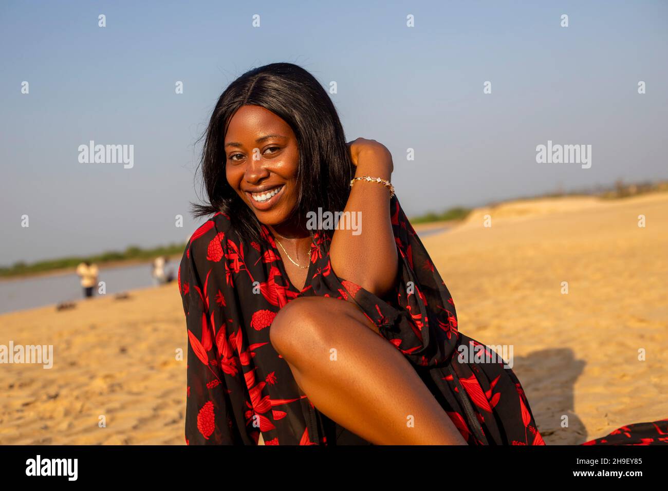 outdoor fashion photo of beautiful happy lady at the beach Stock Photo ...