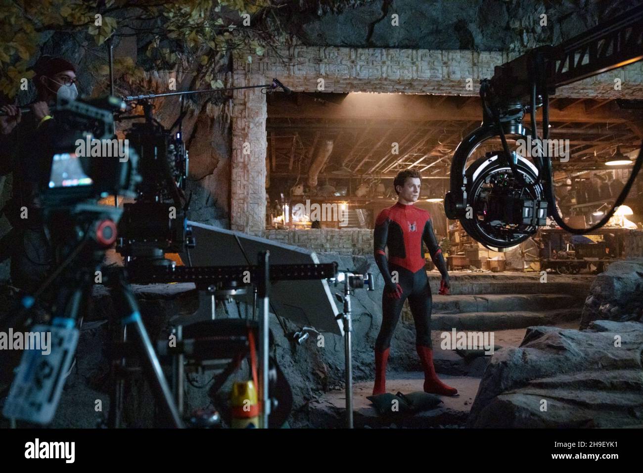 SPIDER-MAN: NO WAY HOME, Tom Holland as Spider-Man, on set, 2021. ph ...