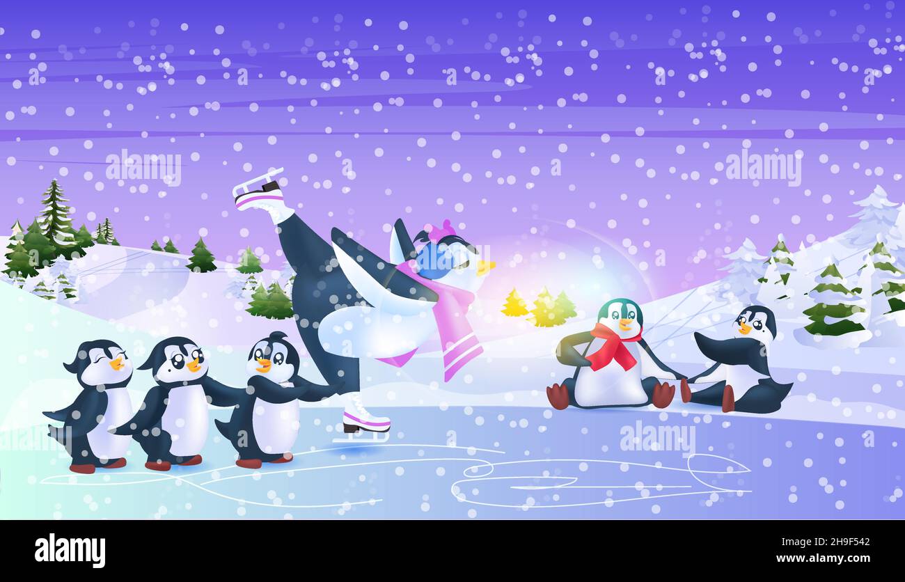 cute penguins skating on ice rink winter activities concept snowfall ...