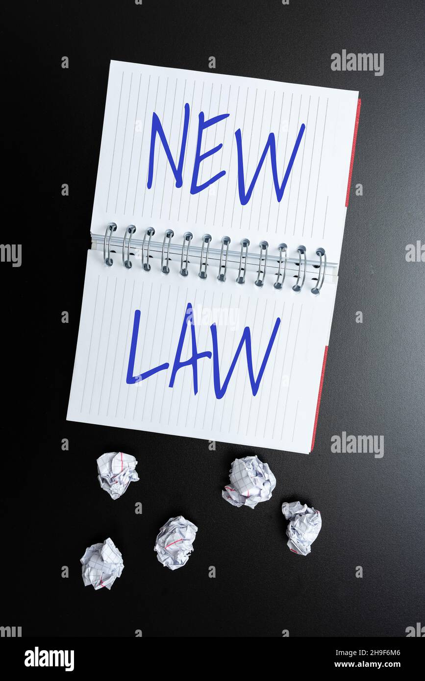 Handwriting text New Law, Word Written on system of rules that enforced ...
