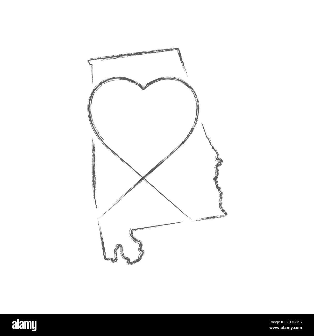 Alabama US state hand drawn pencil sketch outline map with heart shape ...