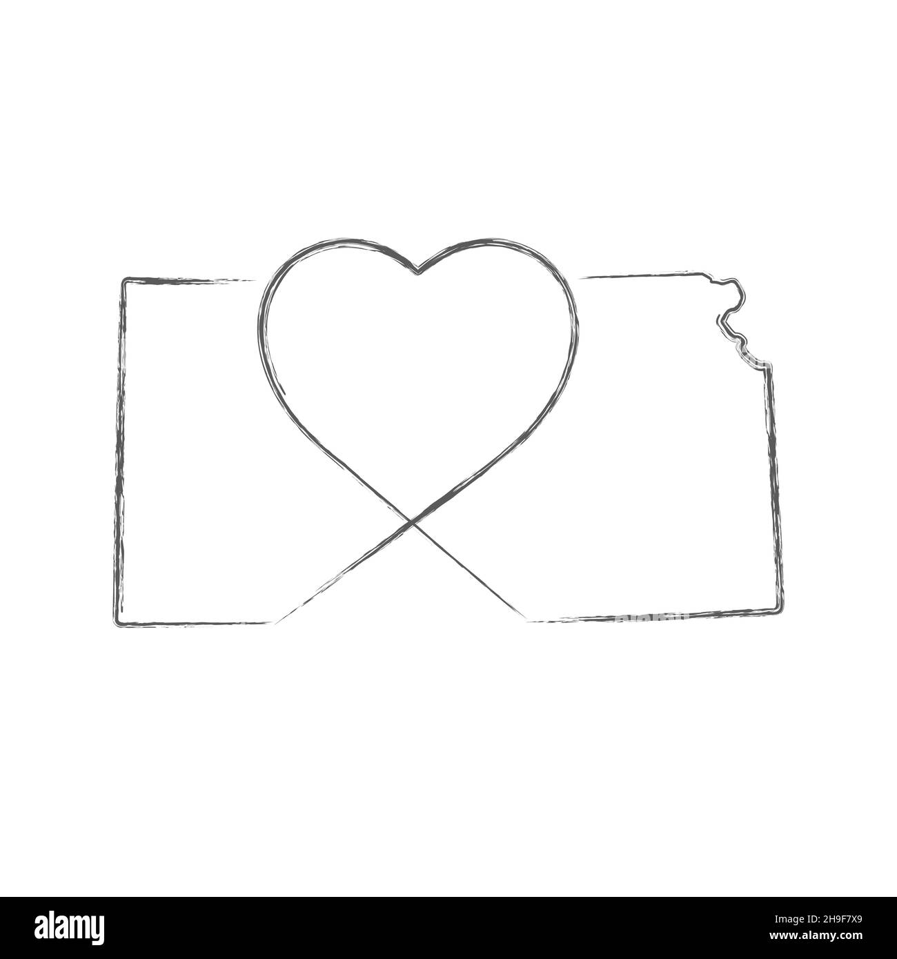 Kansas US state hand drawn pencil sketch outline map with heart shape ...