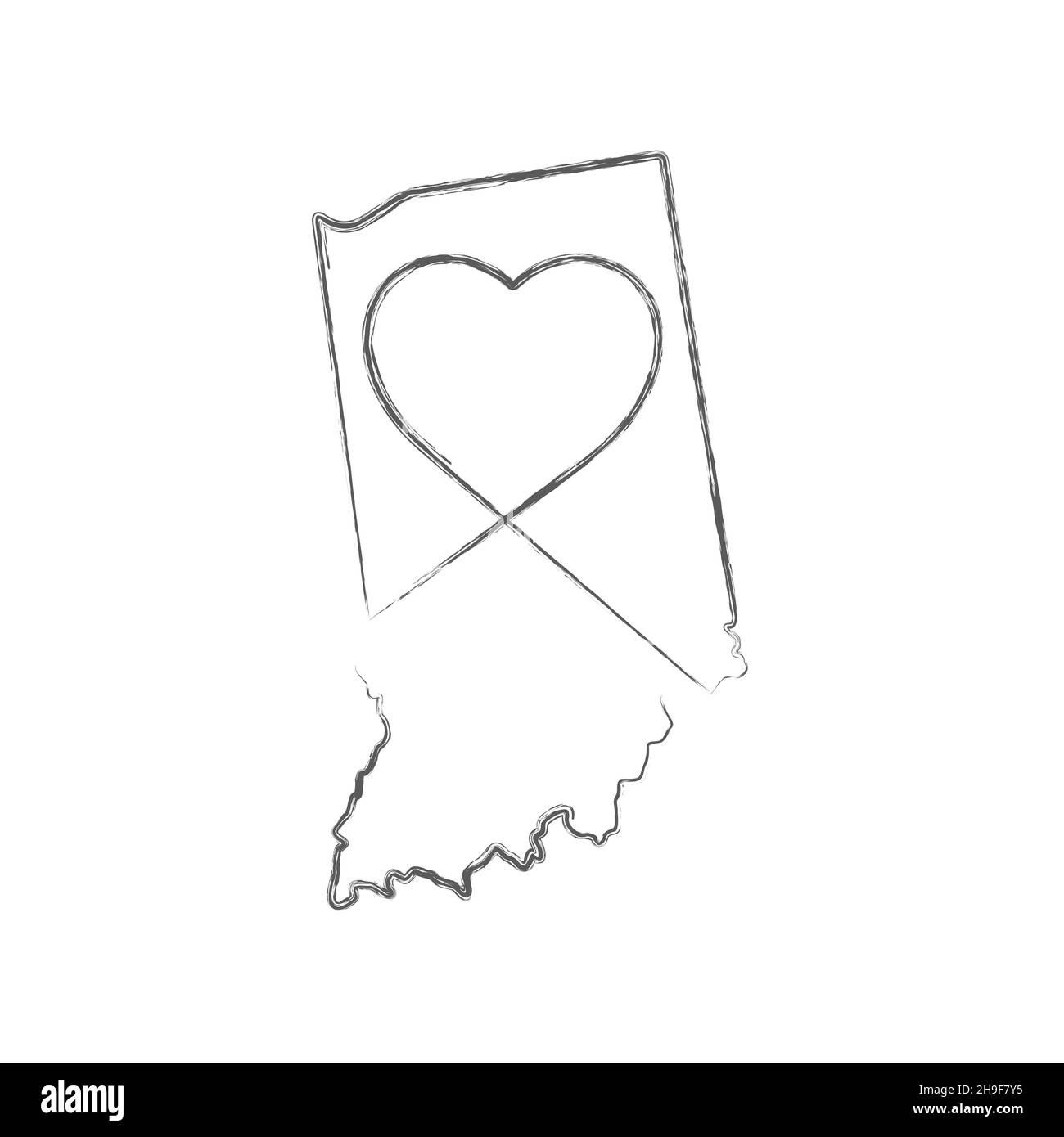 Indiana US state hand drawn pencil sketch outline map with heart shape ...