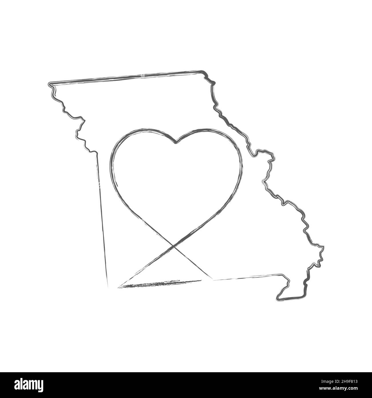 Missouri US state hand drawn pencil sketch outline map with heart shape ...