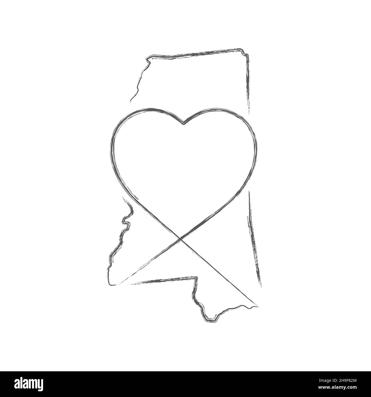 Mississippi US state hand drawn pencil sketch outline map with heart ...