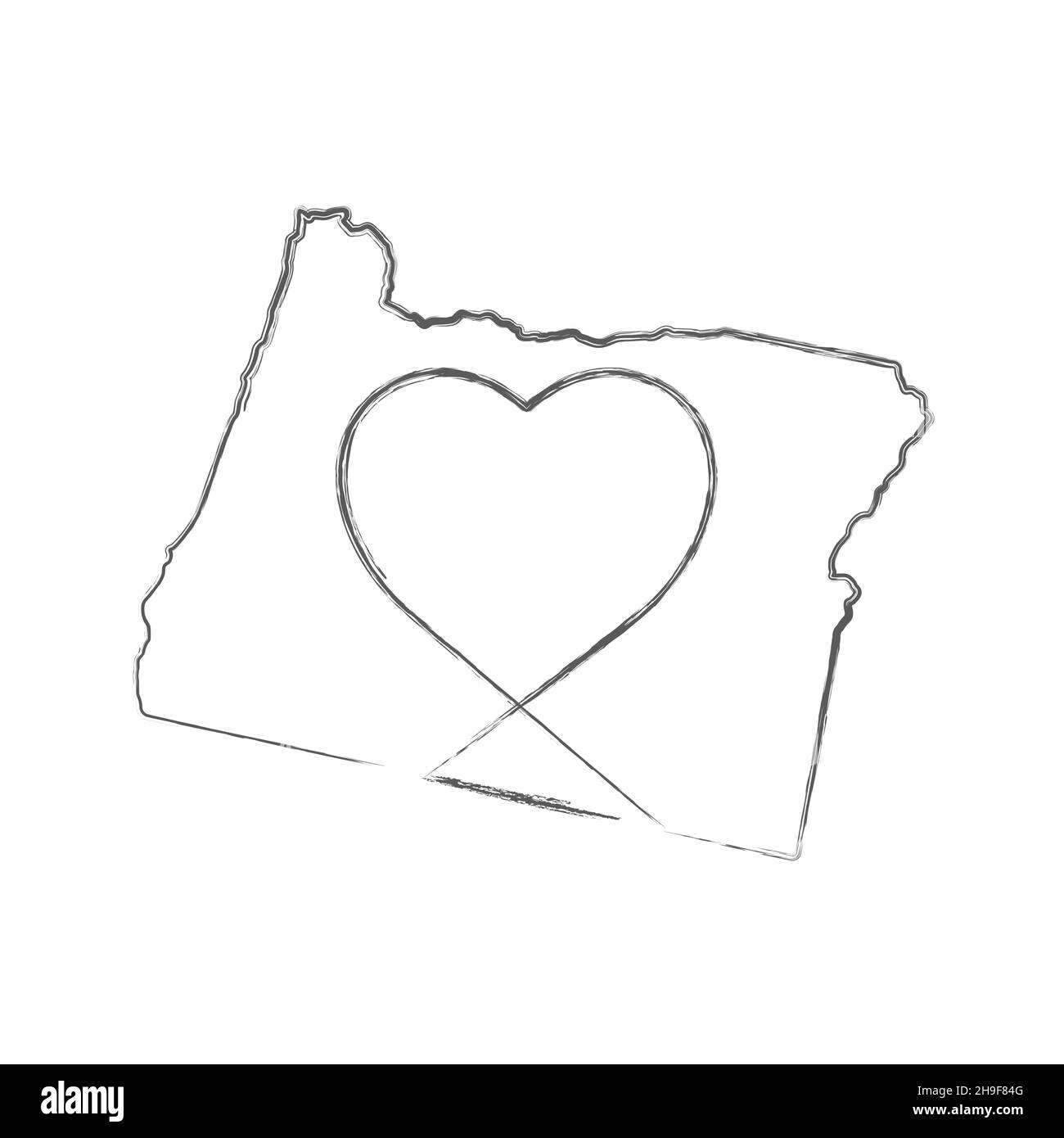 Oregon US state hand drawn pencil sketch outline map with heart shape ...