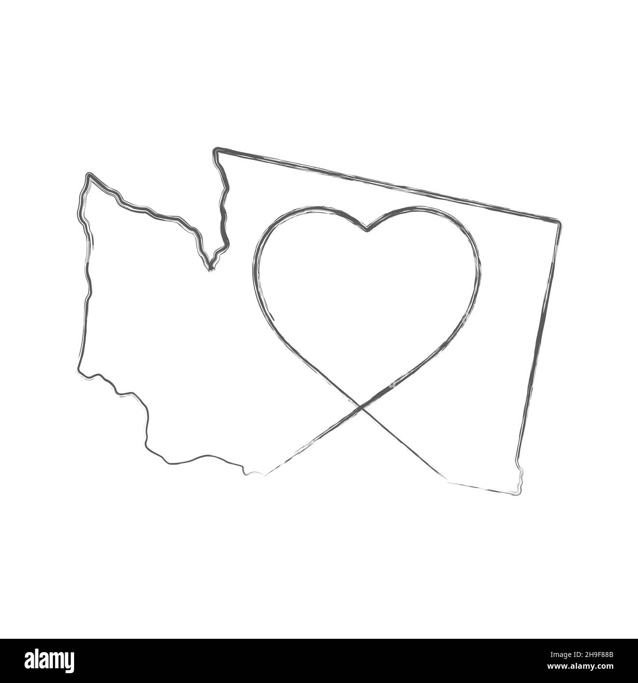 Washington US state hand drawn pencil sketch outline map with heart ...