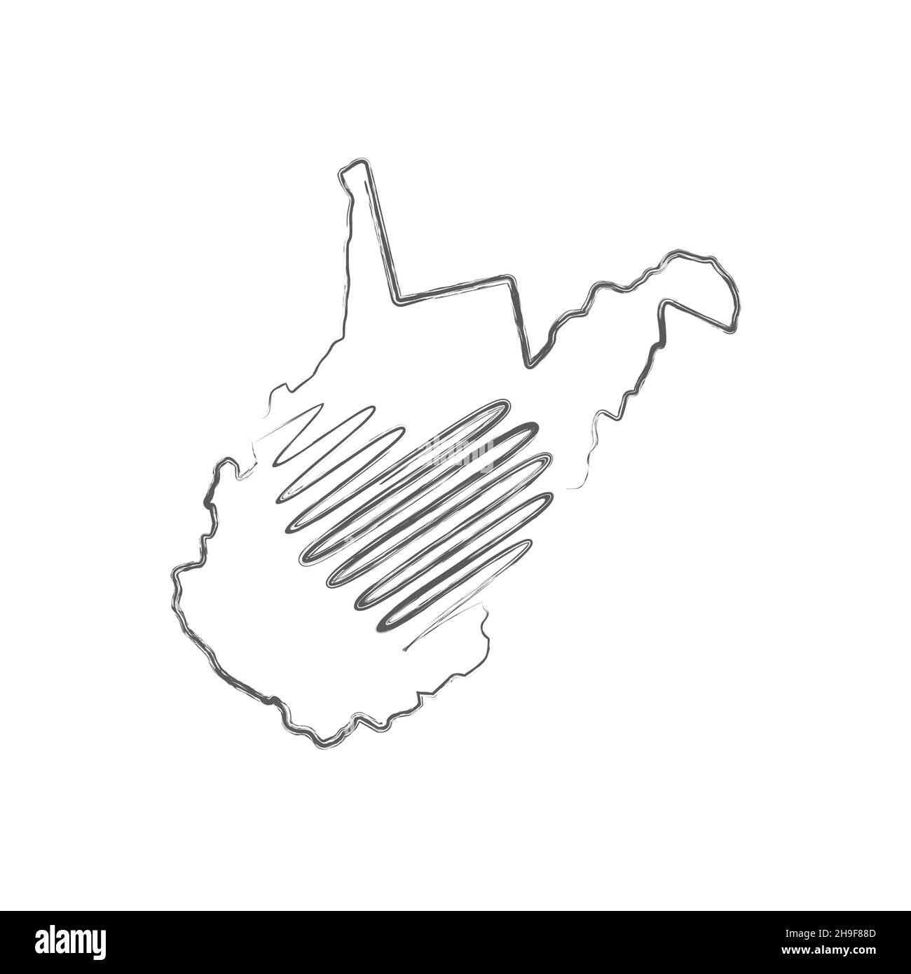 West Virginia US state hand drawn pencil sketch outline map with heart ...