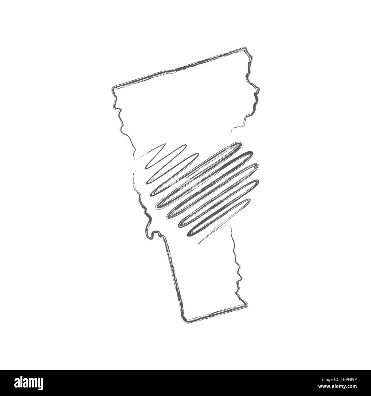 Vermont US state hand drawn pencil sketch outline map with heart shape ...