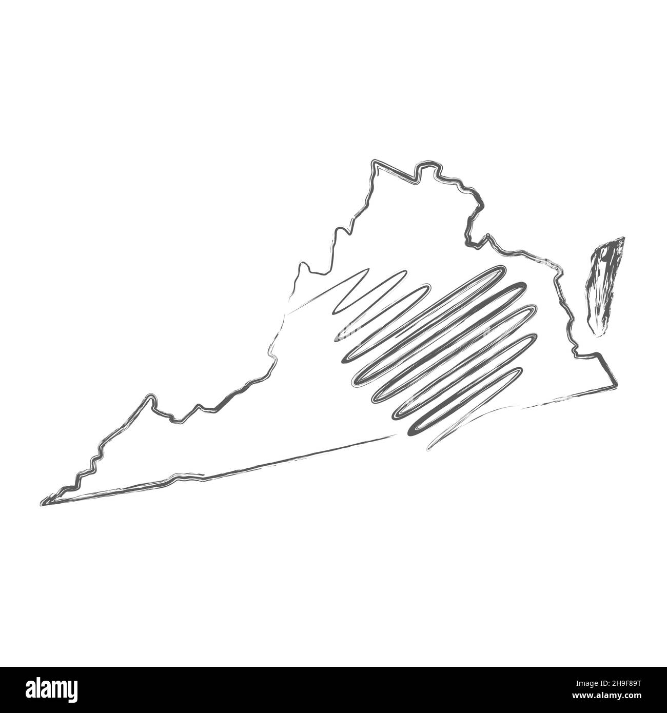 Virginia US state hand drawn pencil sketch outline map with heart shape ...