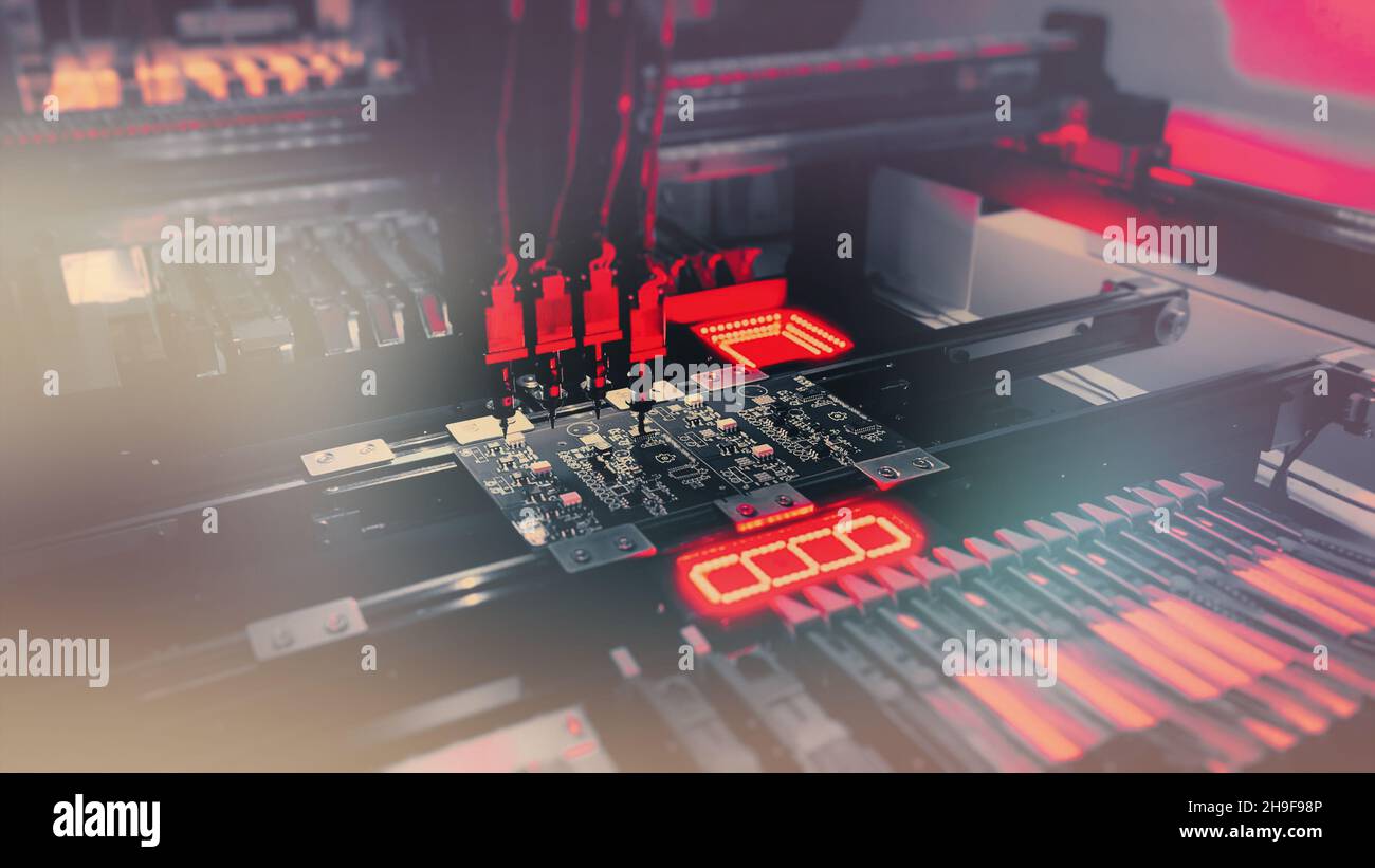 Digital technologies for automation of industry. Red neon lights ...