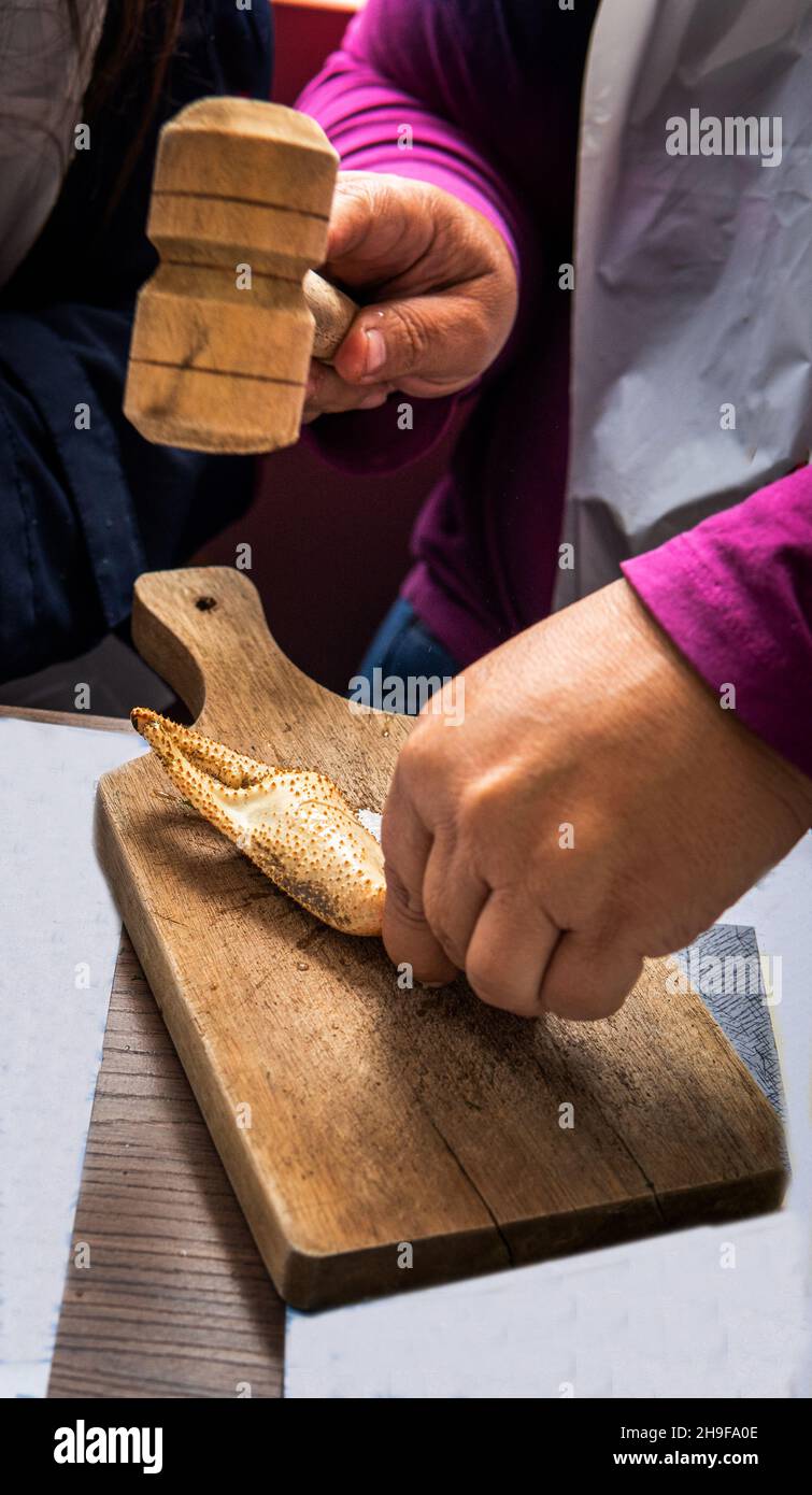 Close-up of hands hitting a fat crab leg with a hammer on a wooden ...