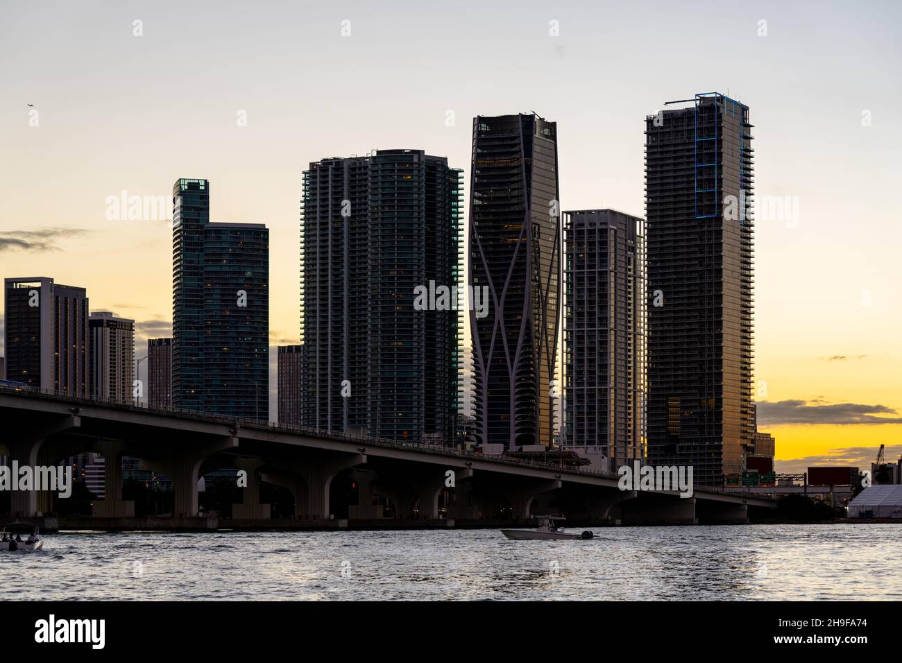 Beautiful colors at Twilight Downtown Miami vice city scene Stock Photo ...