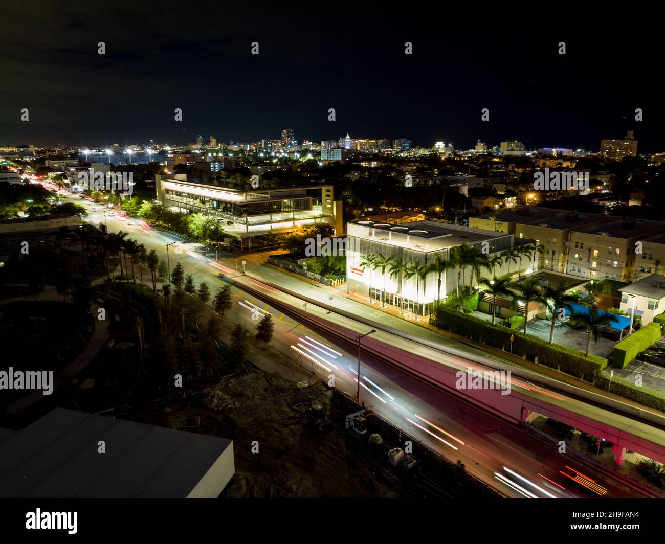 Industrial buildings in Miami Beach. Night aerial photo Stock Photo - Alamy