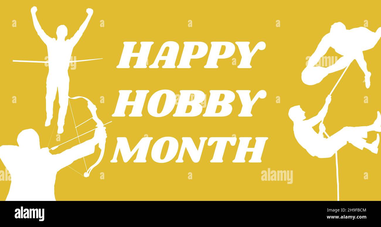 Vector image of happy hobby month with various sports against yellow ...
