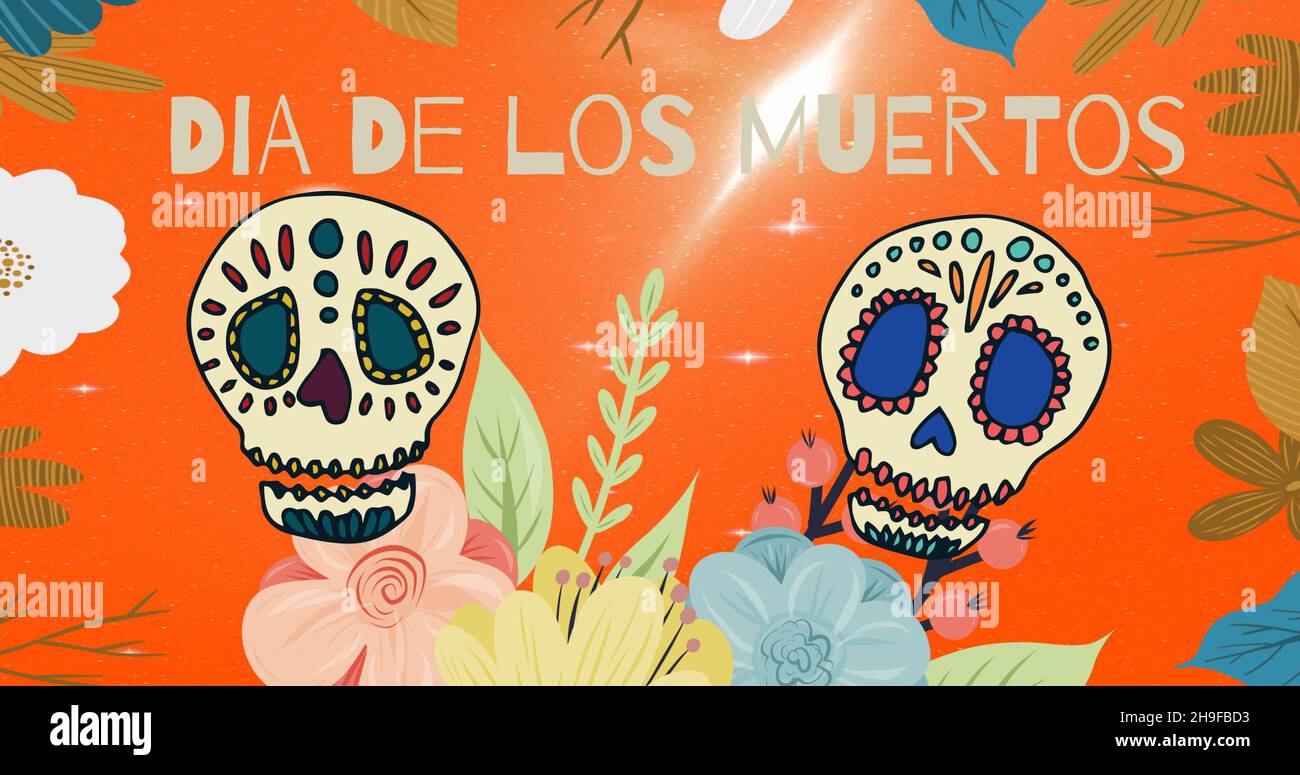 Vector image of dia de los muertos text and colorful skulls against ...