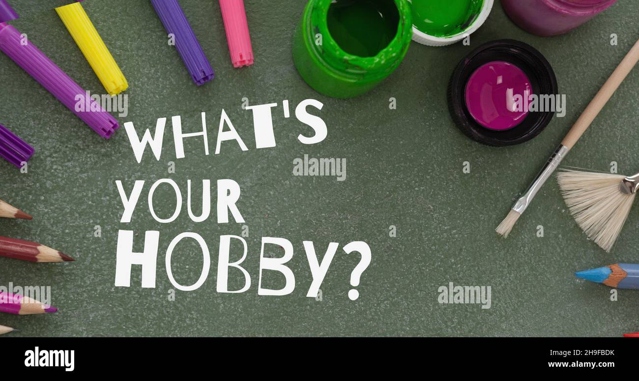 Composition of what's your hobby text with art supplies on table Stock ...
