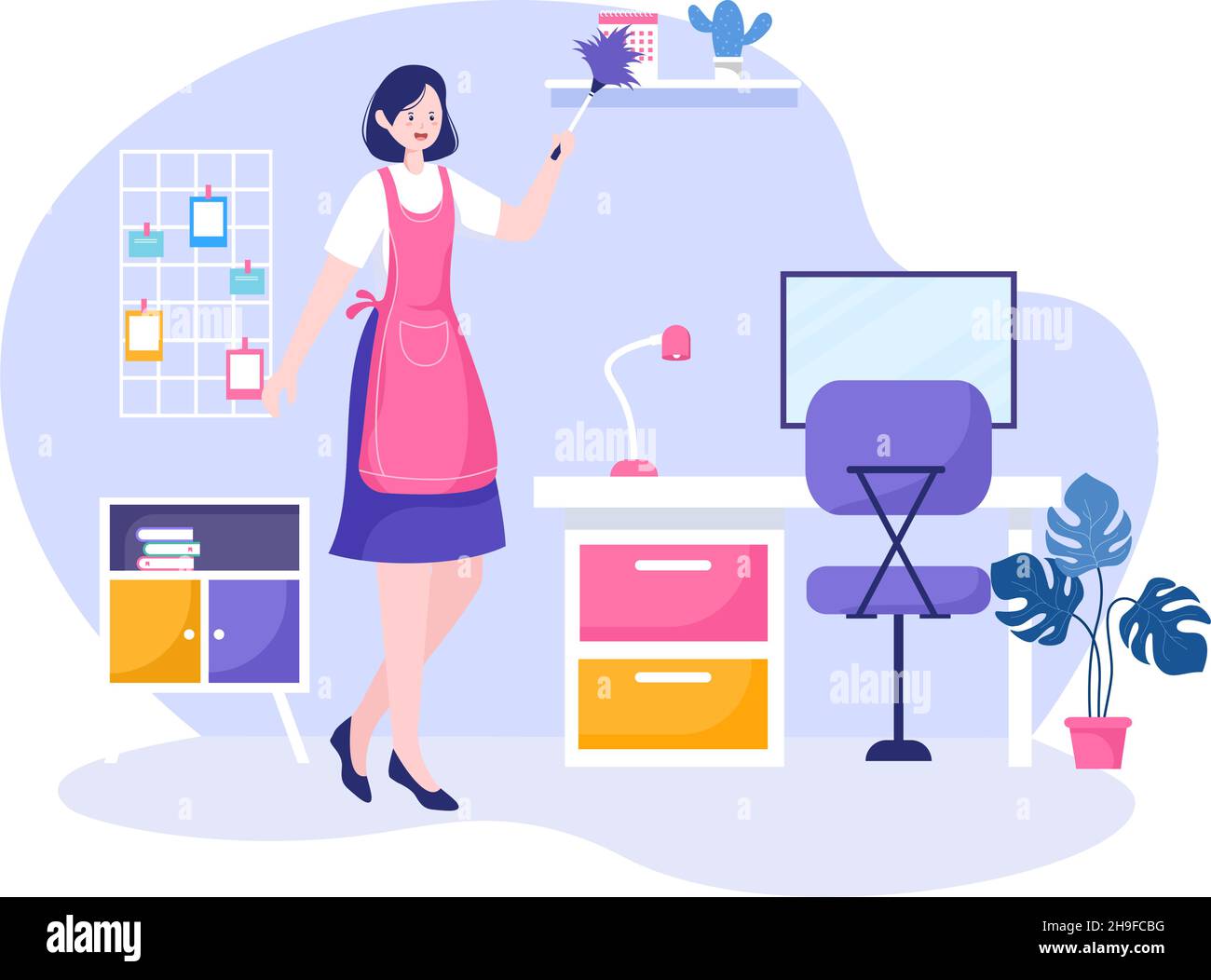 Cleaning Service flat Design Illustration. People Vacuum, Wipe the Dust ...