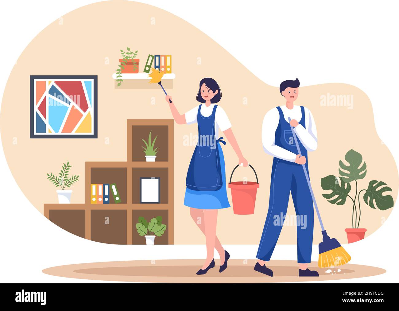 Cleaning Service flat Design Illustration. People Vacuum, Wipe the Dust ...