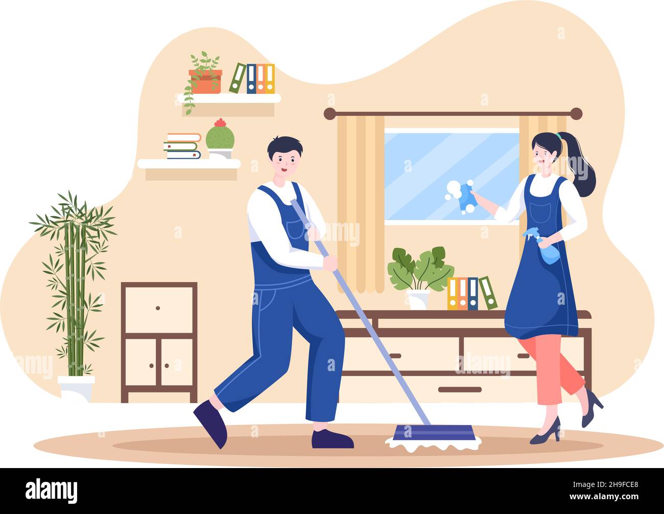 Cleaning Service flat Design Illustration. People Vacuum, Wipe the Dust ...
