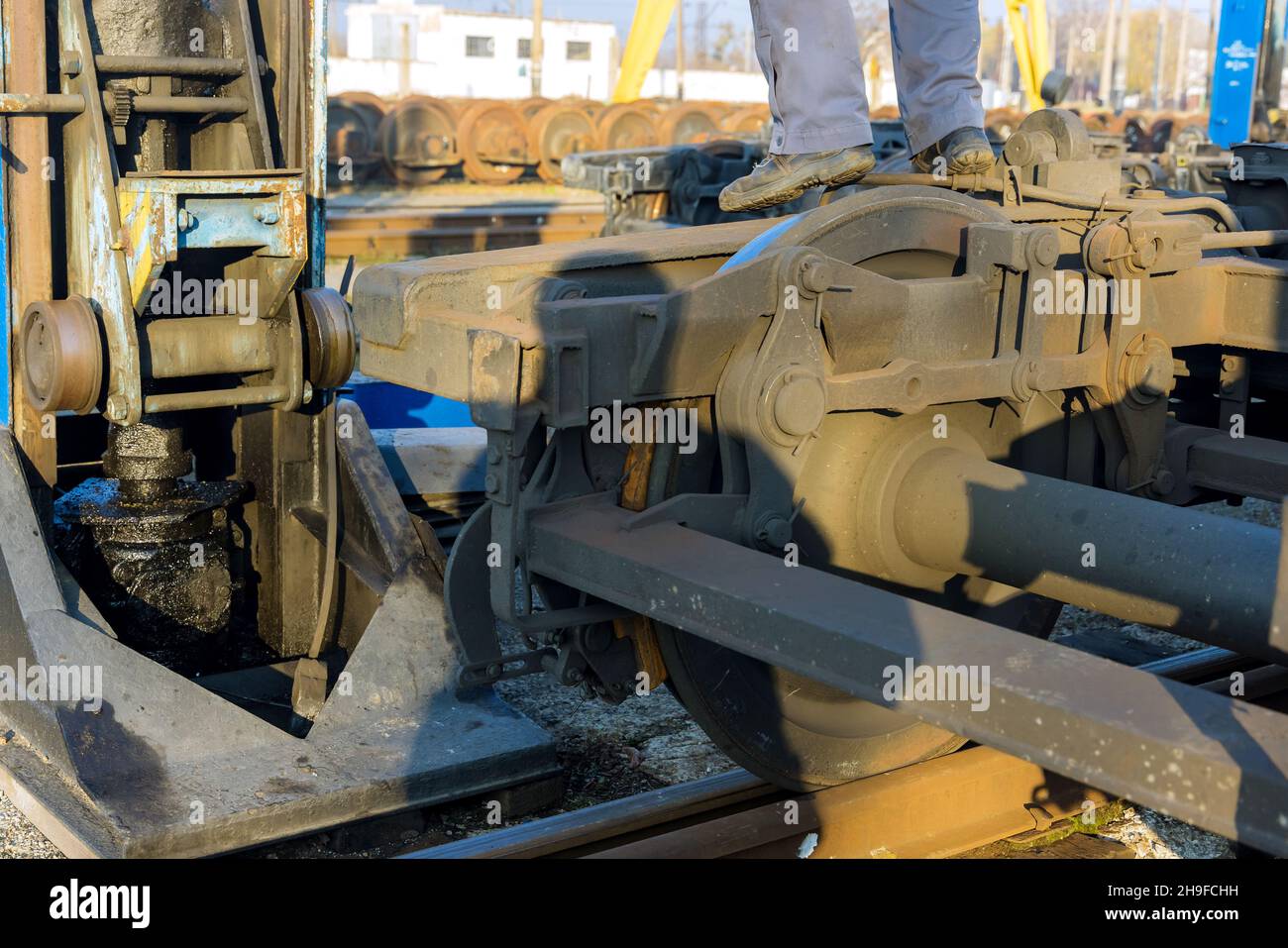 Close up train wheel removed from train for maintenance in depot main ...
