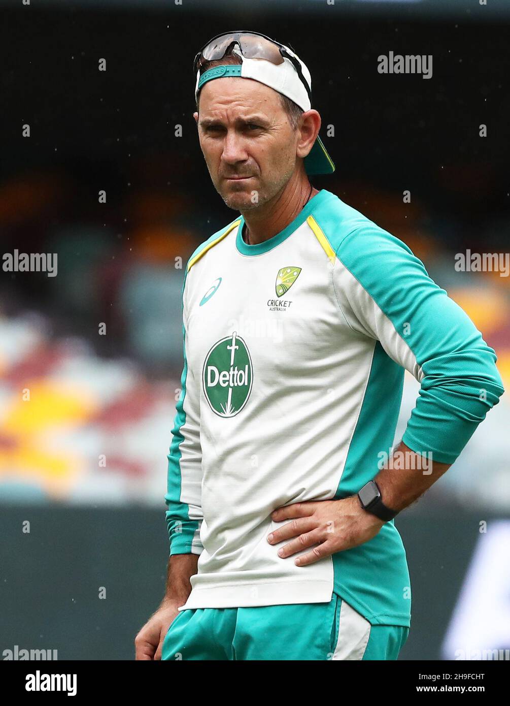 Australia's Coach Justin Langer looks on during a nets session at The ...