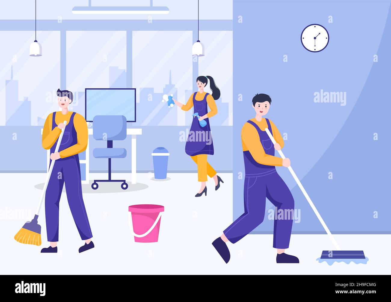 Cleaning Service Company flat Design Illustration. People Clean Wall ...