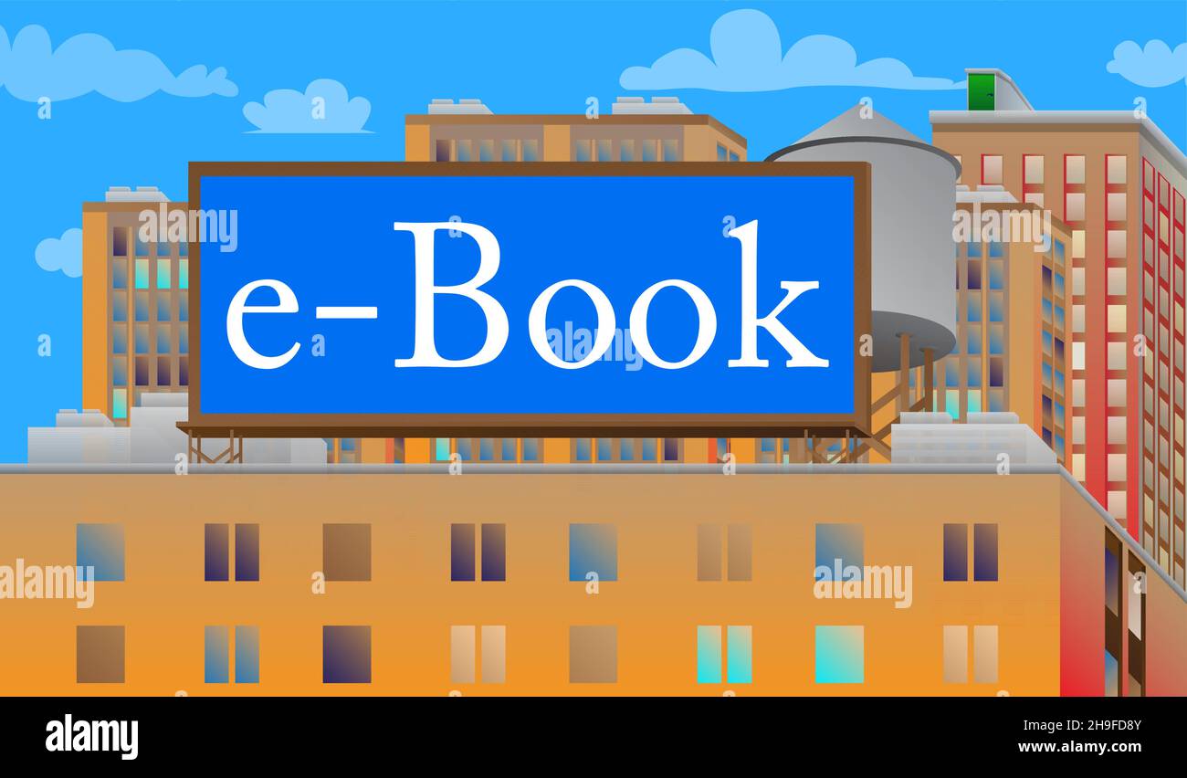 E-book text on a billboard sign atop a brick building. Outdoor ...