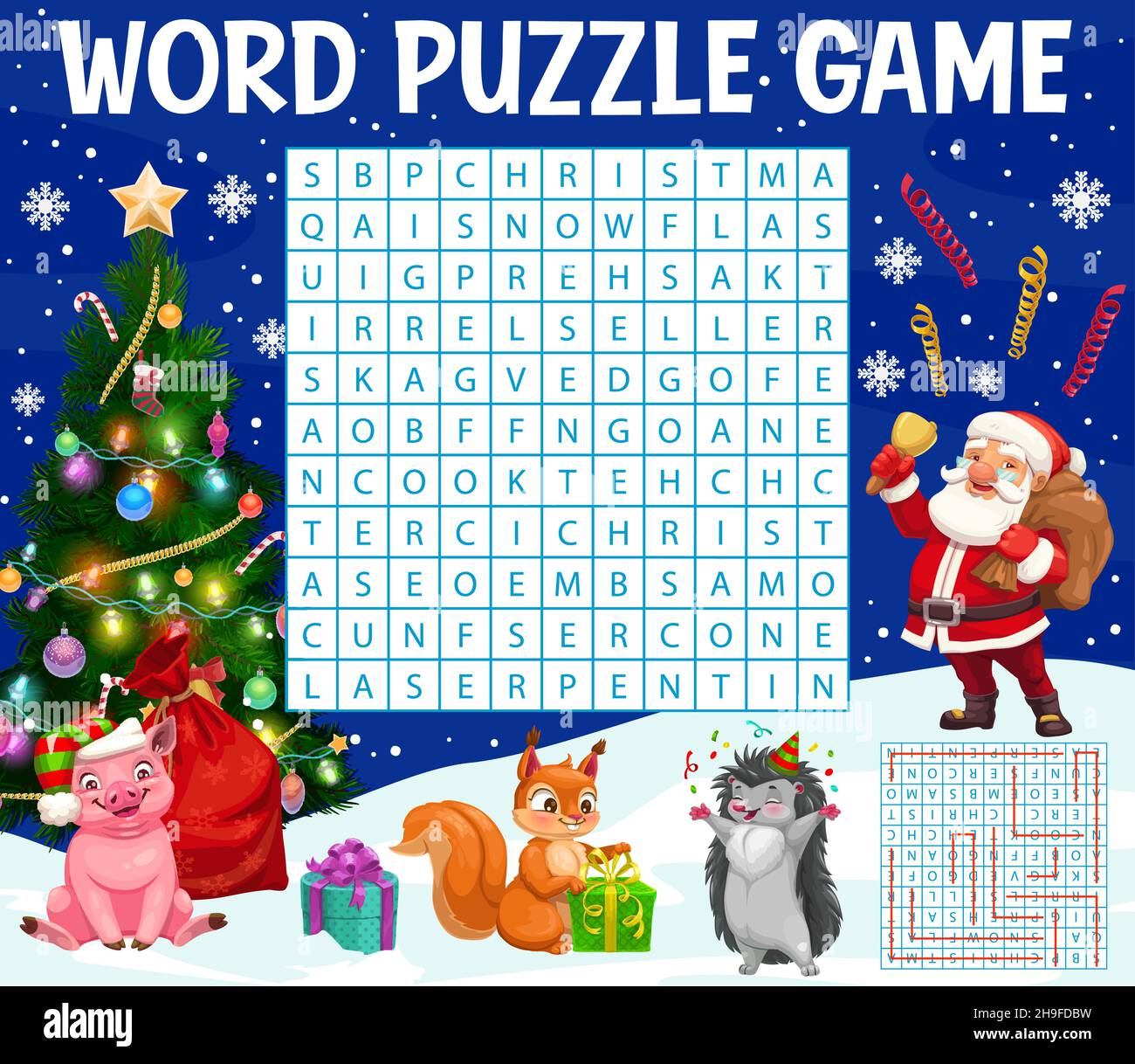 Christmas Santa and animals with gifts, word search puzzle game ...