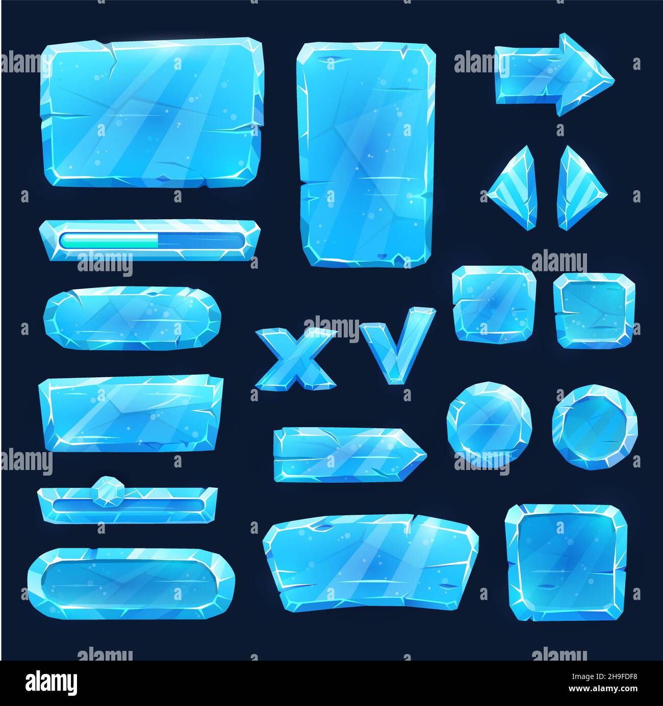 Game asset blue ice icons, sliders, arrows and keys, vector user panel ...