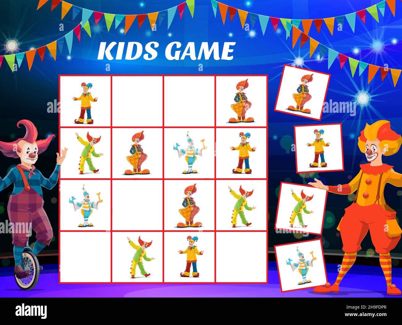 Kids sudoku game with shapito circus clowns and jesters, vector ...