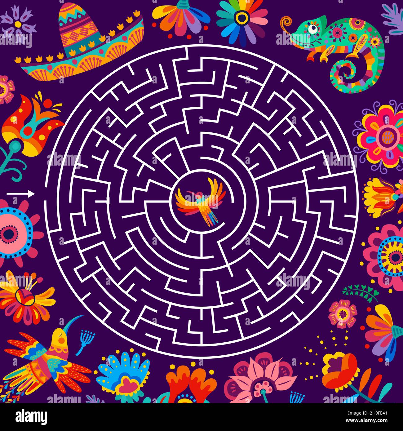 Round labyrinth maze worksheet. Vector mexican sombrero, flowers, birds ...