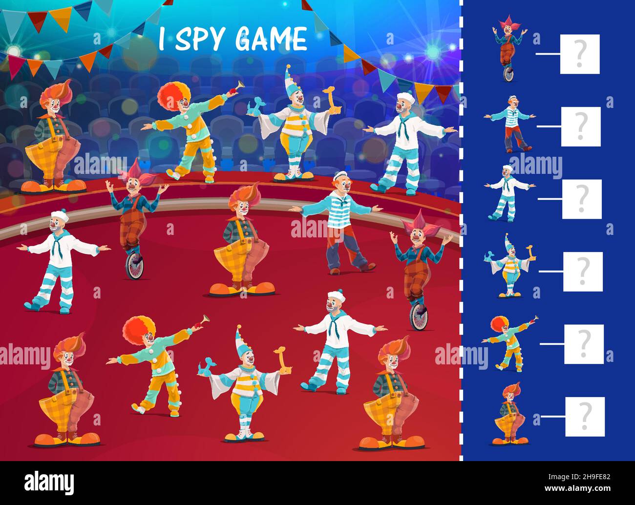 Kids I spy game with shapito circus clowns and performers, vector ...