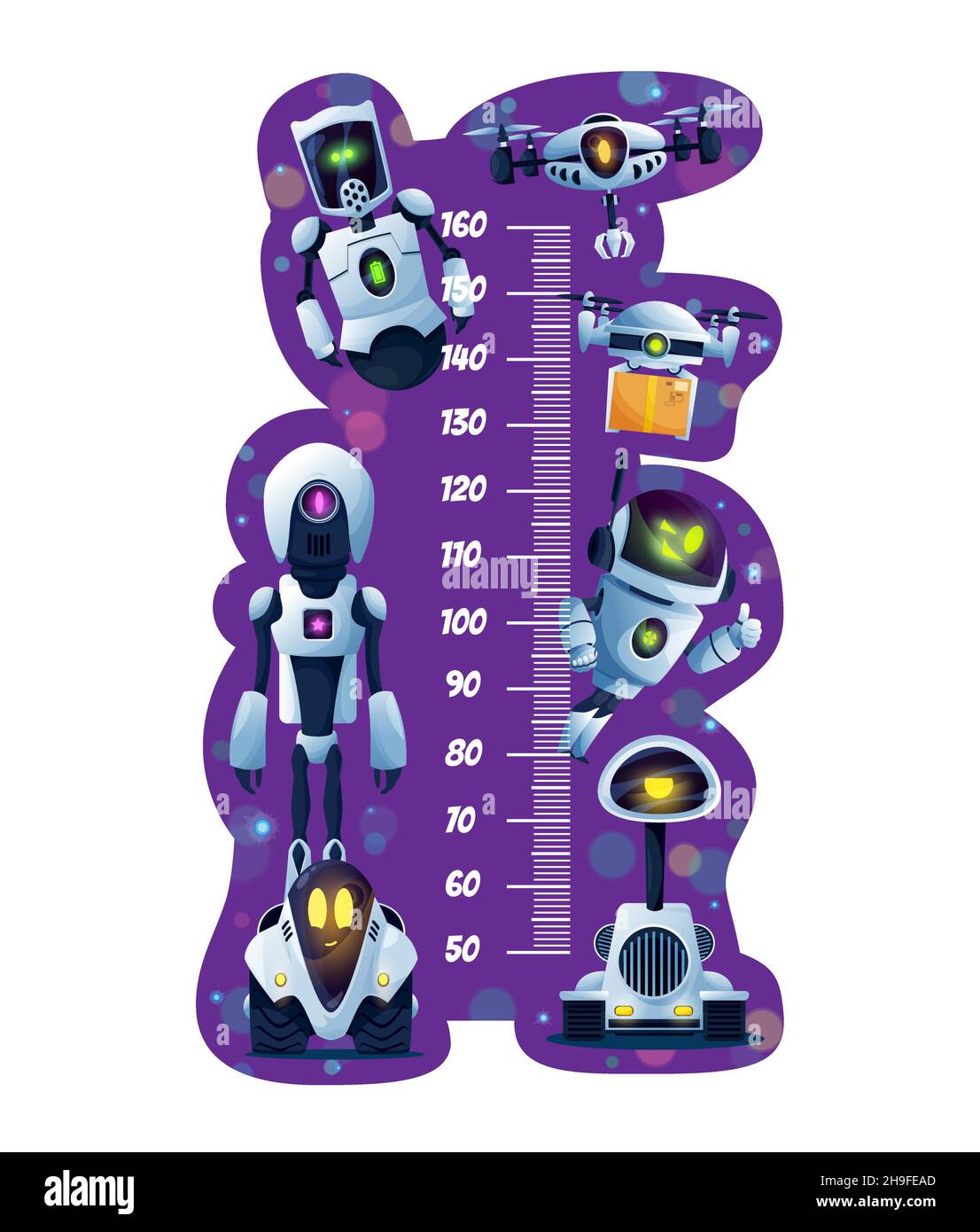 Kids height chart, growth measure meter cartoon robots. Cute ai bots ...