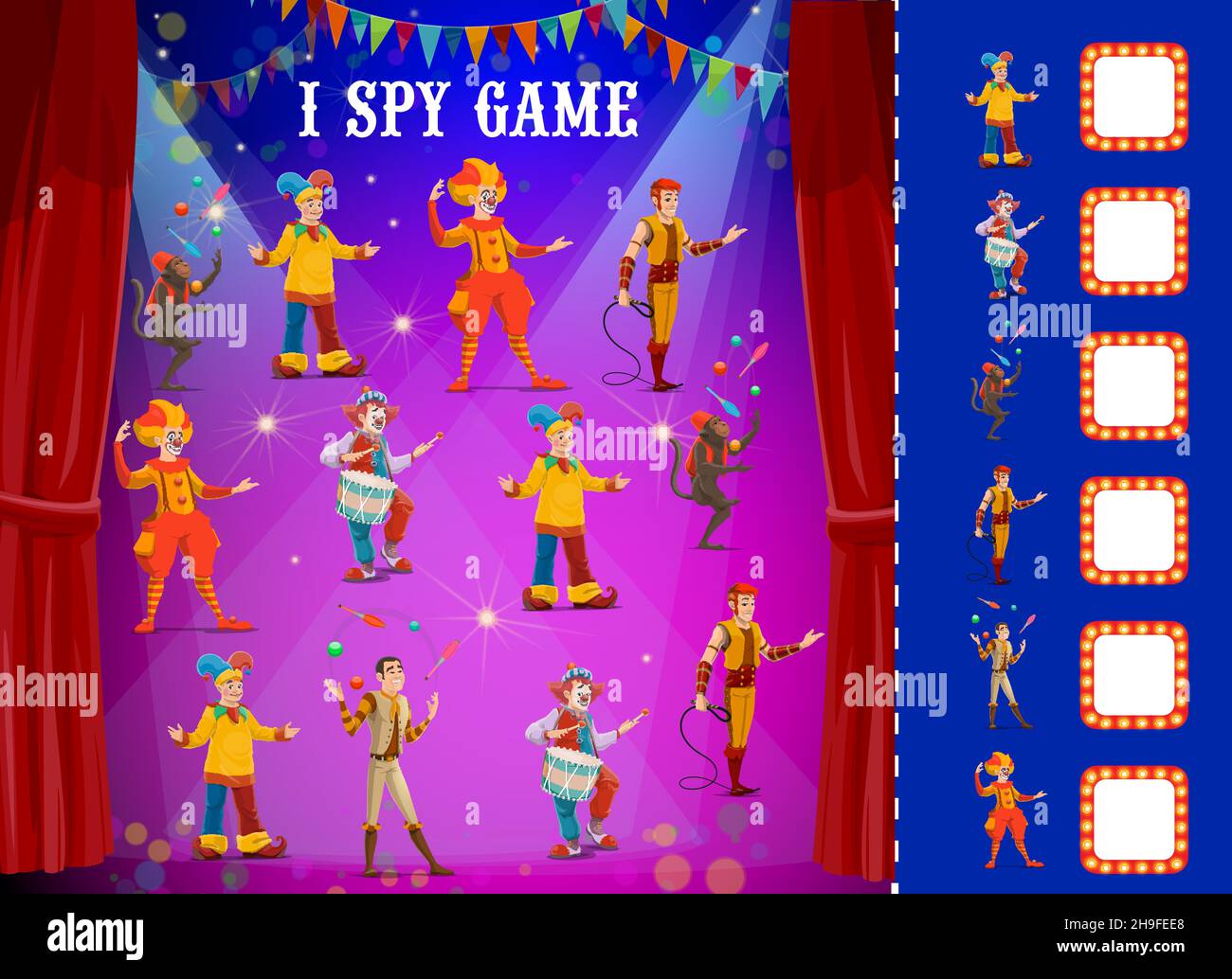 Kids I spy game with shapito circus clowns and performers, vector find ...