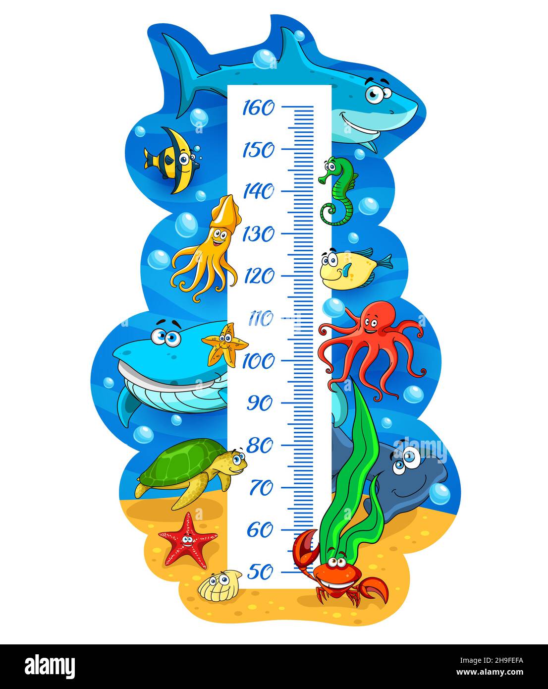 Kids height chart with cartoon sea animals and fish. Vector growth ...